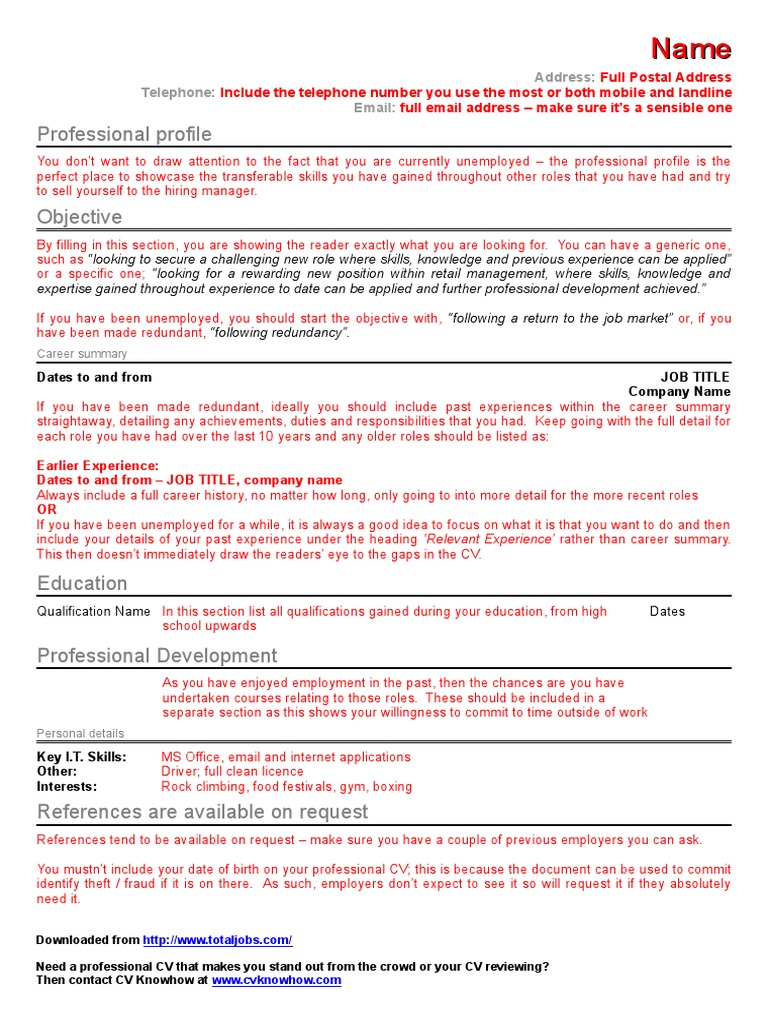 Unemployed CV Template | PDF | Labour | Business