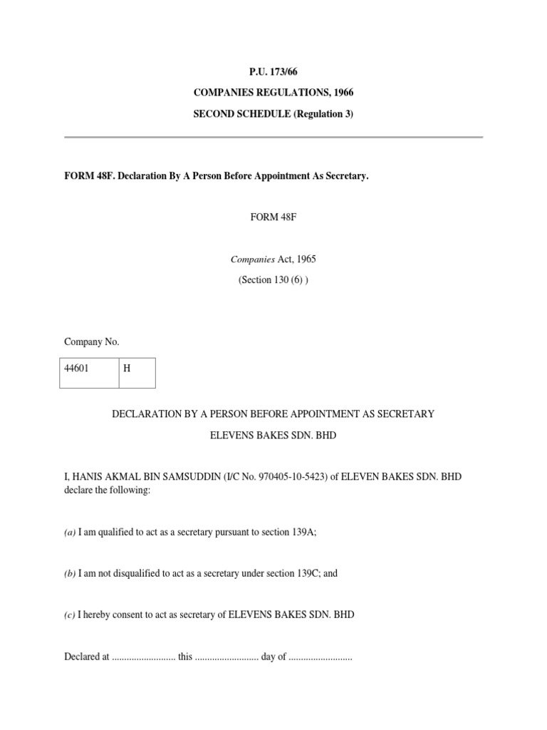 Secretary Declaration Form 48F | PDF