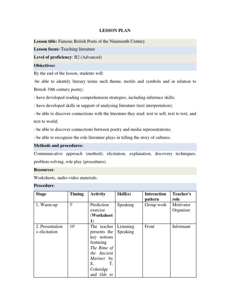 Lesson Plan 2 | PDF | Samuel Taylor Coleridge | John Keats