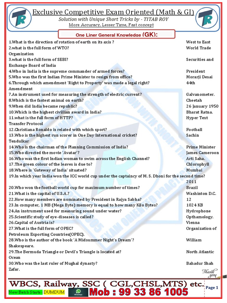 Exclusive Competitive Exam Oriented (Math & GI: Solution With Unique ...