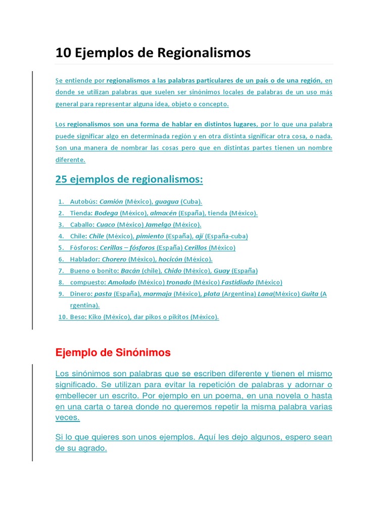 10 Ejemplos de Regionalismos en México | PDF | Asunto (gramática ...