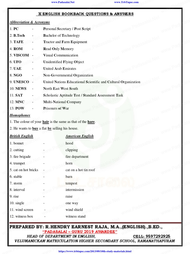 10th English Paper 1 Book Back Questions Answers Study Material PDF | PDF
