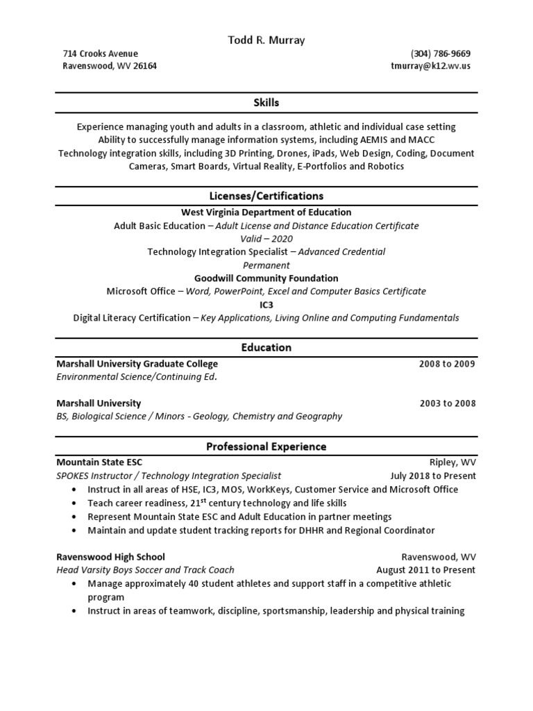 Resume Todd | PDF | General Educational Development | Cognition