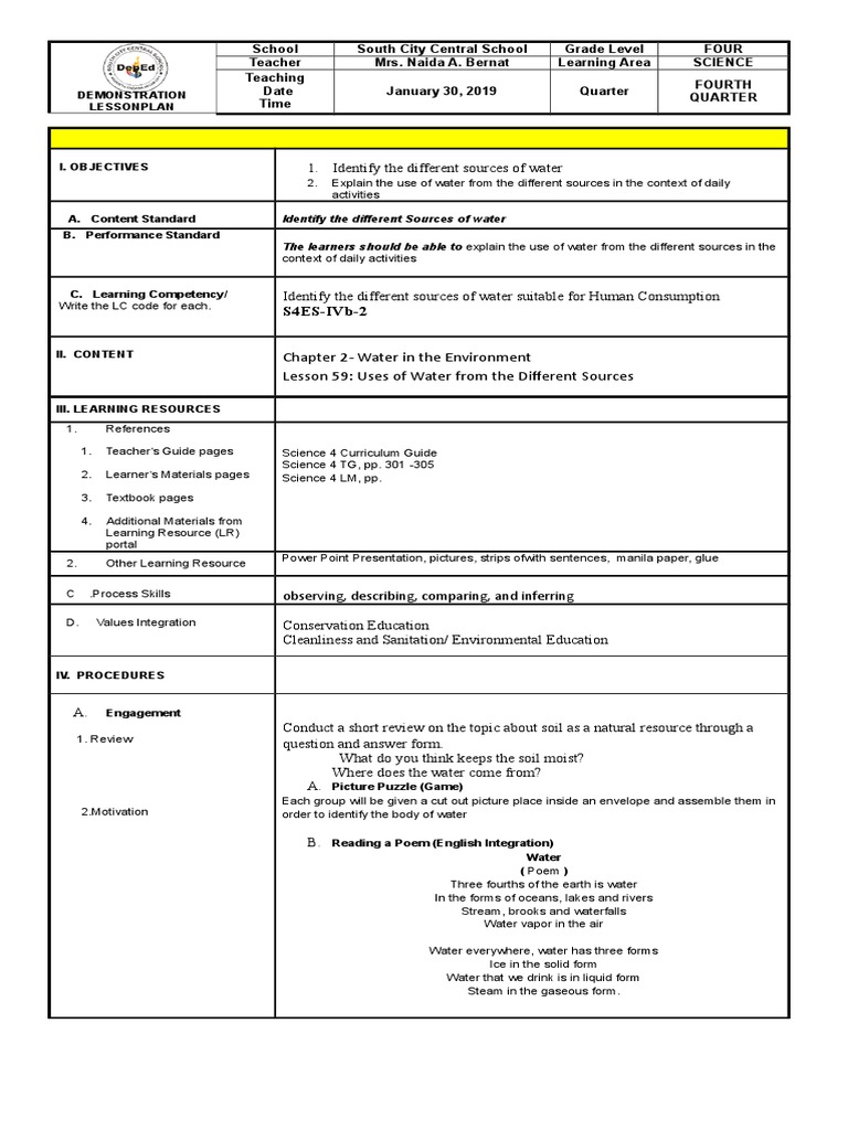 Grade 4 Science Lesson Plan: Water Sources | PDF | Seawater | Fresh Water