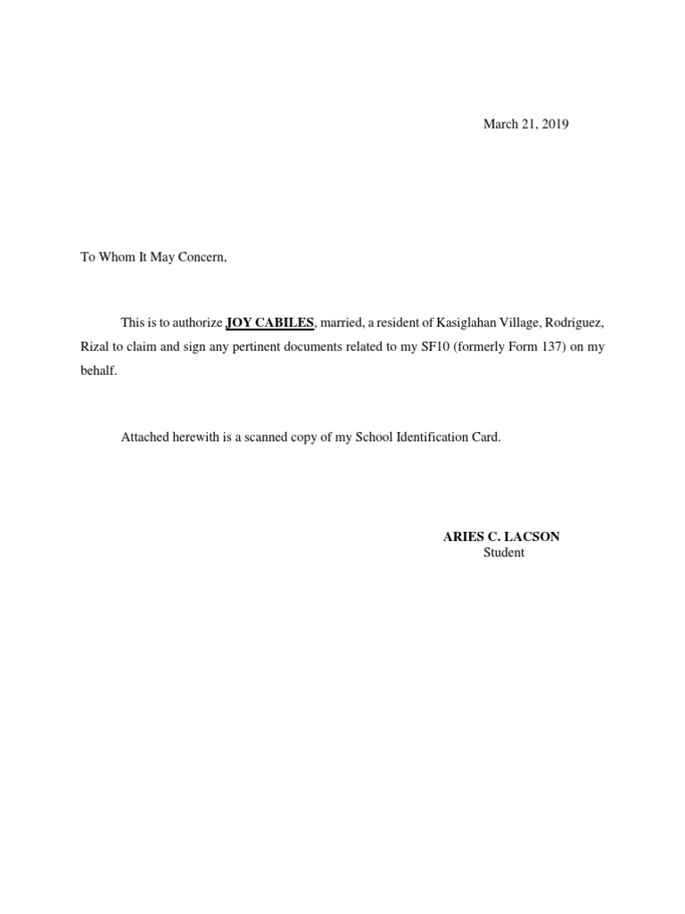 Authorization To Claim The Form 137 - Aries Lacson | PDF