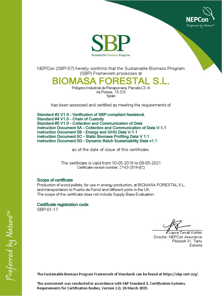Biomasa Forestal S.L. SBP Certificate 27.3.2019 | PDF | Computers