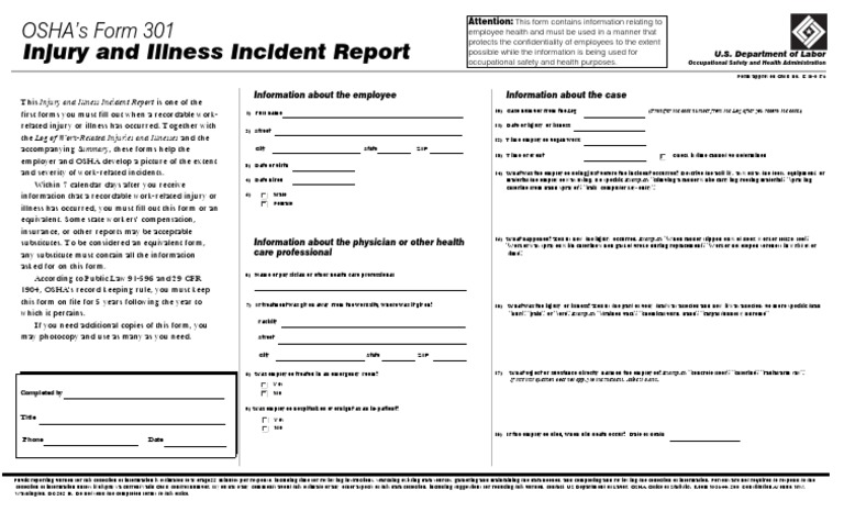 Injury and Illness Incident Report: OSHA's Form 301 | PDF | Occupational Safety And Health ...
