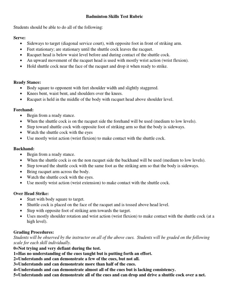Badminton Skills Test Rubric | PDF | Anatomical Terms Of Motion ...