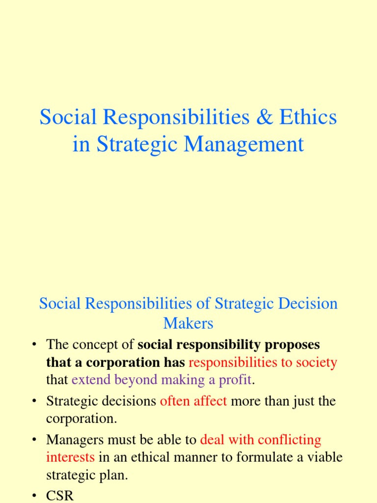 Social Responsibilities & Ethics in Strategic Management | PDF
