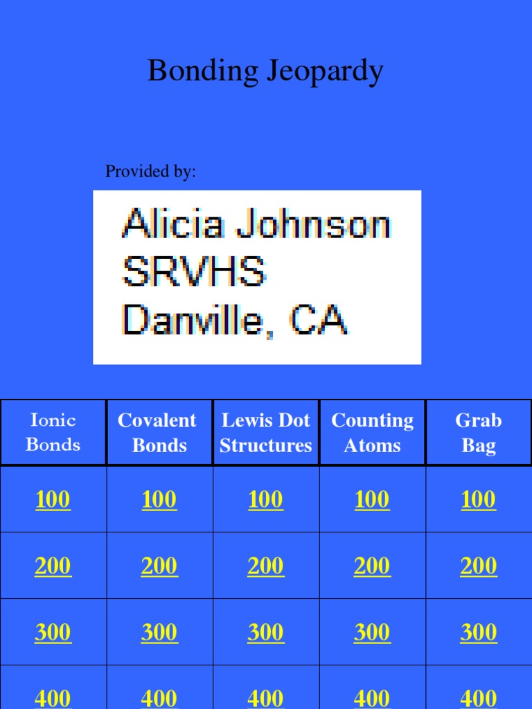 Bonding Jeopardy: Provided by | PDF | Ionic Bonding | Covalent Bond