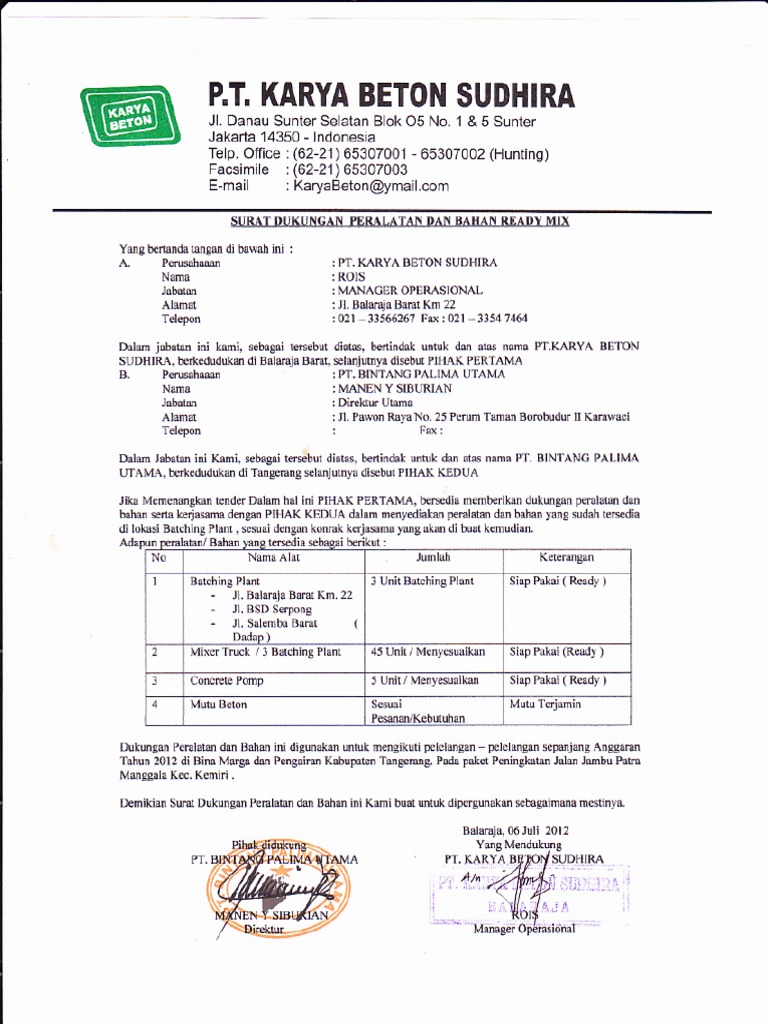 Dukungan PT Karya Beton Sudhira PDF | PDF