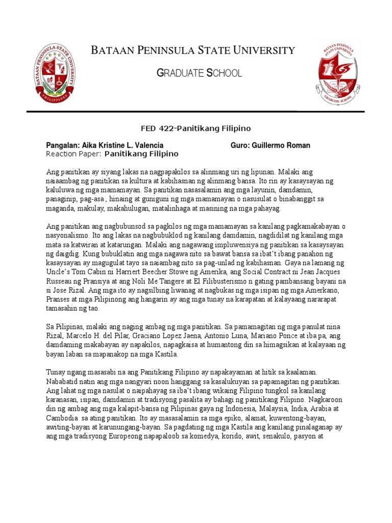 Reaction Paper - Panitikang Filipino | PDF