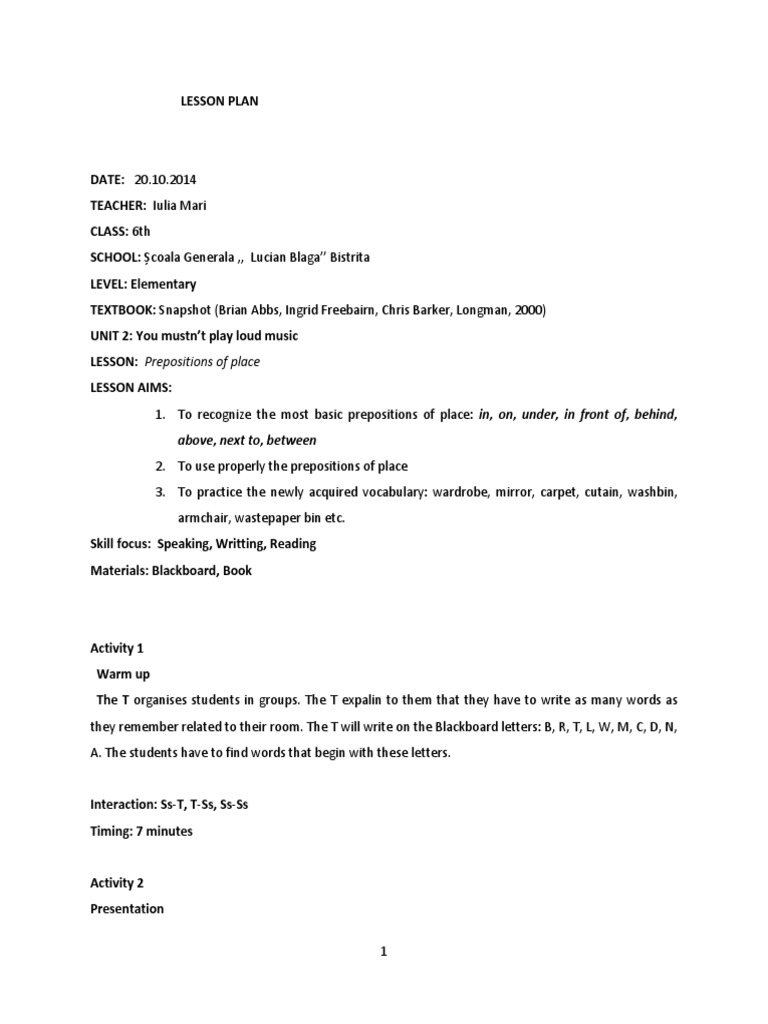 Prepositions of Place Lesson Plan | PDF