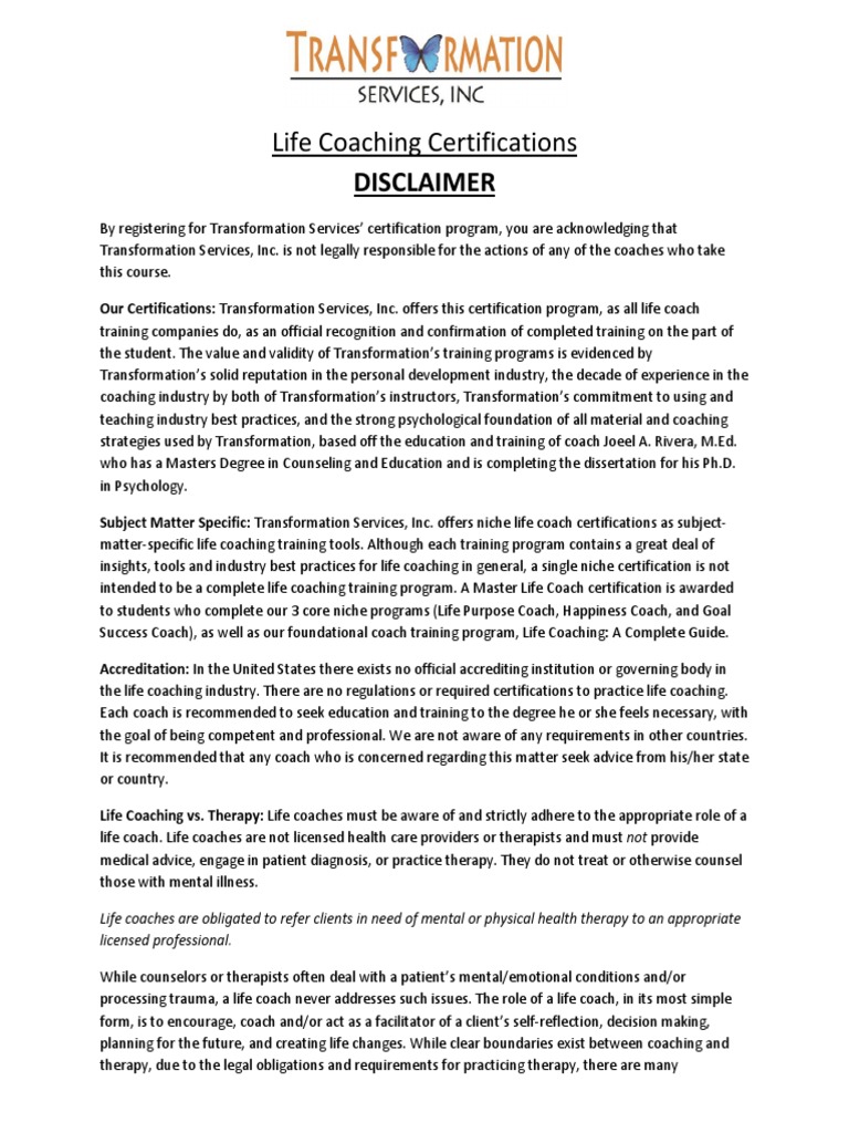 Life Coaching Certifications: Disclaimer | PDF | Psychotherapy ...