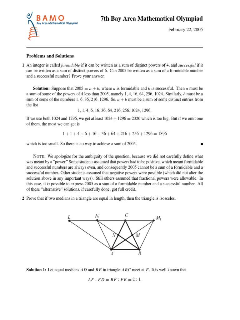 7th Bay Area Mathematical Olympiad: Problems and Solutions | PDF ...