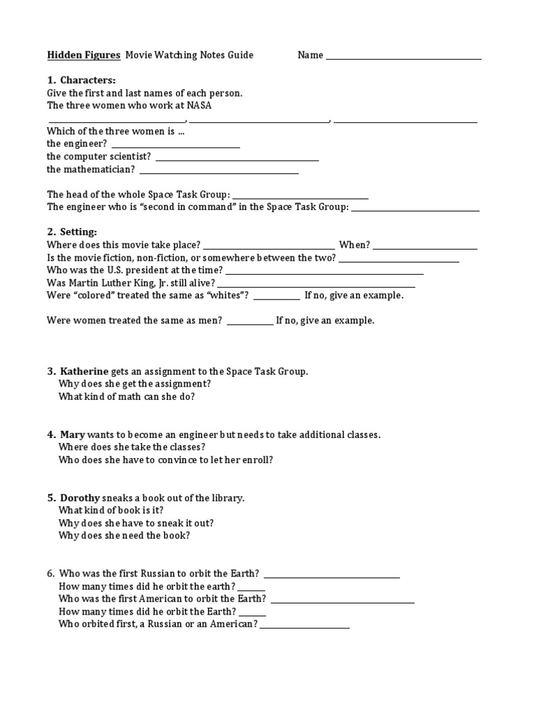 Hidden Figures Movie Watching Guide and Assessment | PDF | Hidden ...