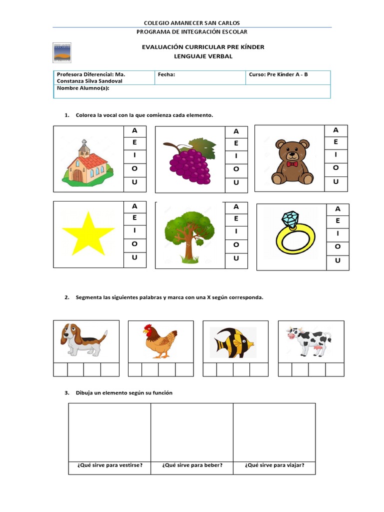 Evaluación Lenguaje Pre Kínder | PDF | Escuelas | Estudiantes