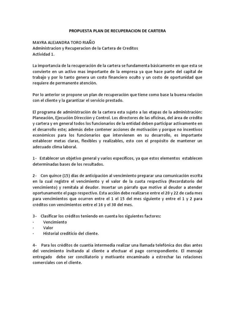 Actividad 1. Propuesta de Plan de Recuperacion de Cartera | PDF | Cliente | Planificación