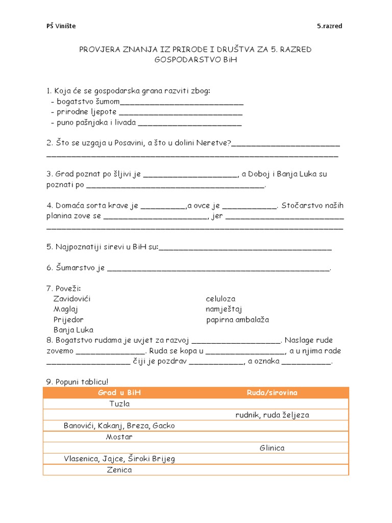 Provjera Znanja Iz Prirode I Društva Za 5 | PDF