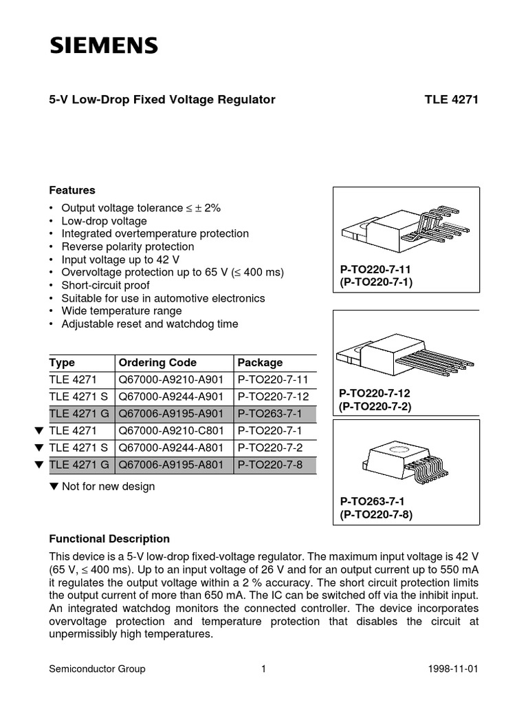 5-V Low-Drop Fixed Voltage Regulator TLE 4271: Features | PDF ...