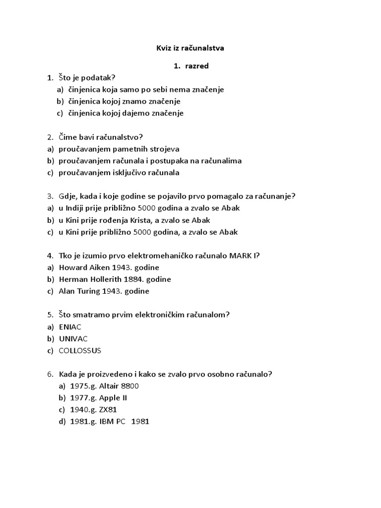 Kviz Iz Informatike 1 Razred | PDF