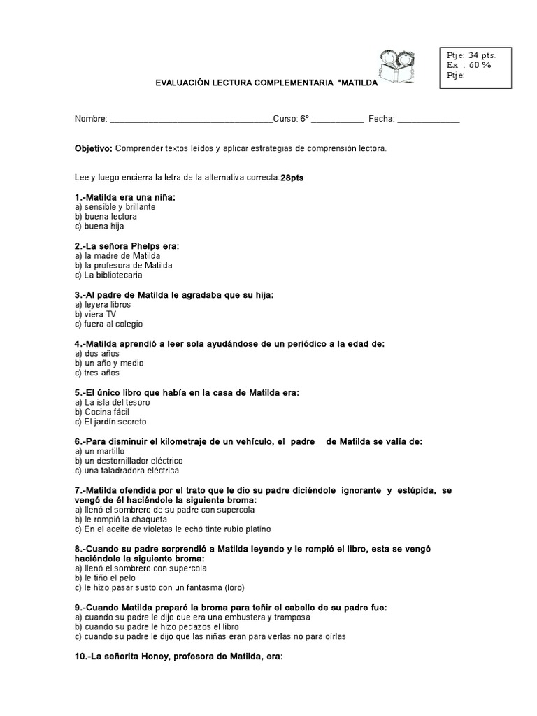 Evaluacion LECTURA COMPLEMENTARIA Matilda | PDF | Ocio