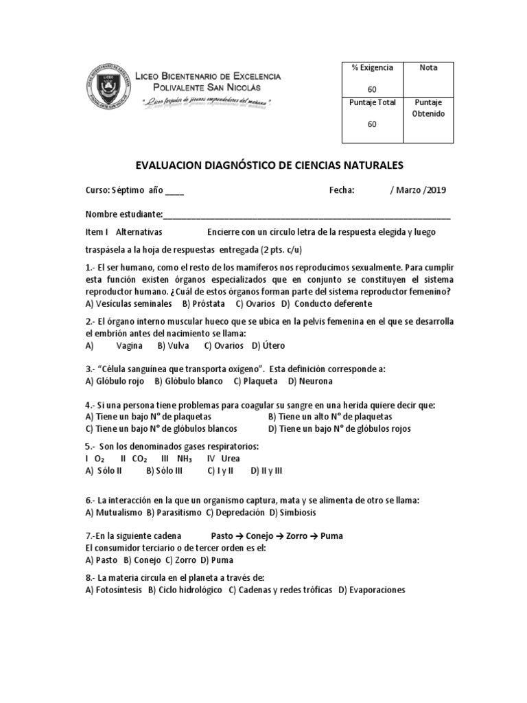 Evaluación Diagnóstico Séptimo CCNN | PDF | Líquidos | Agua