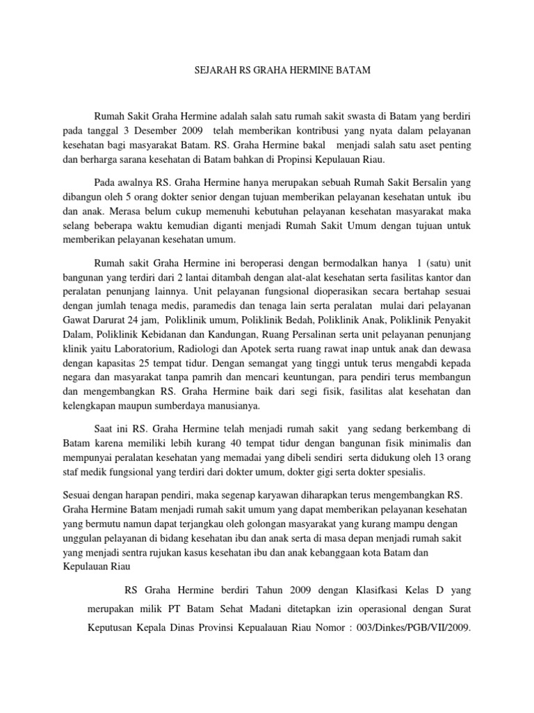Sejarah RS Graha Hermine Batam | PDF
