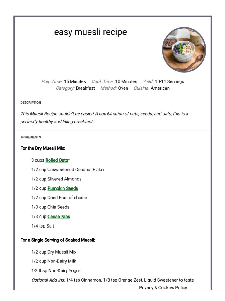 Easy Muesli Recipe (Vegan, GF, & Customizable) - From My Bowl | PDF ... Easy Muesli Recipe (Vegan, GF, & Customizable) - From My Bowl | PDF ...