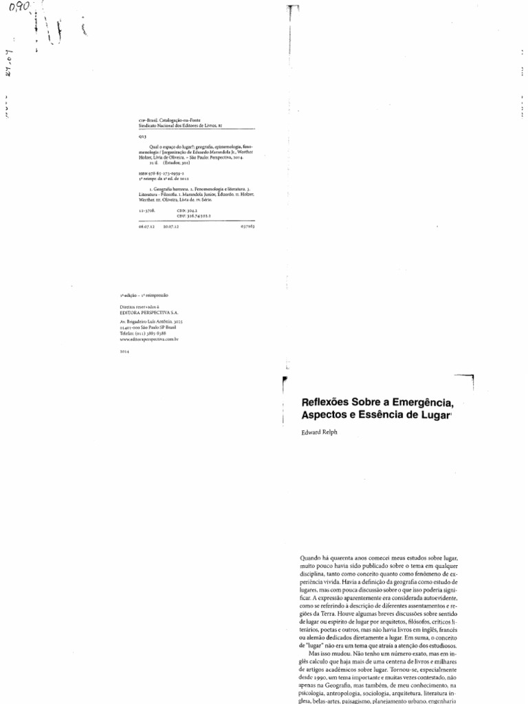 RELPH, Edward. Reflexões - Lugar PDF | Download grátis PDF | Geografia ...