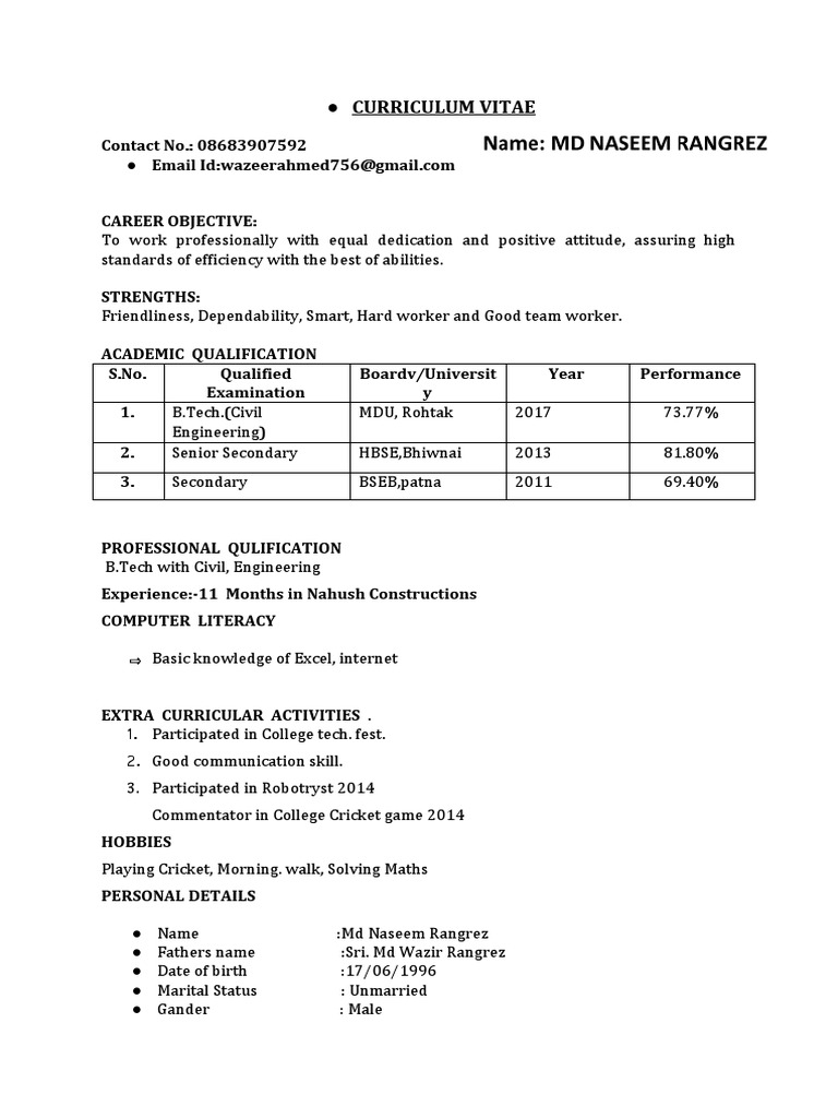 Civil Engineer CV of Md Naseem Rangrez | PDF
