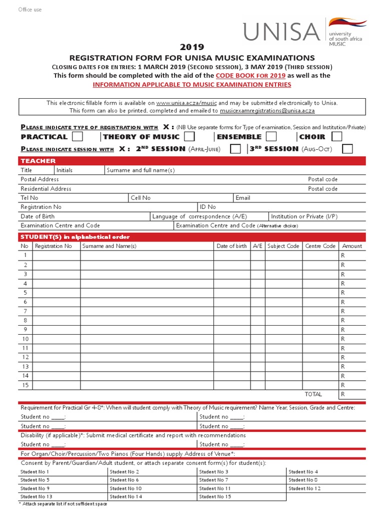 UNISA 2019 Music Exam Registration Form | PDF | Legal Guardian | Teachers