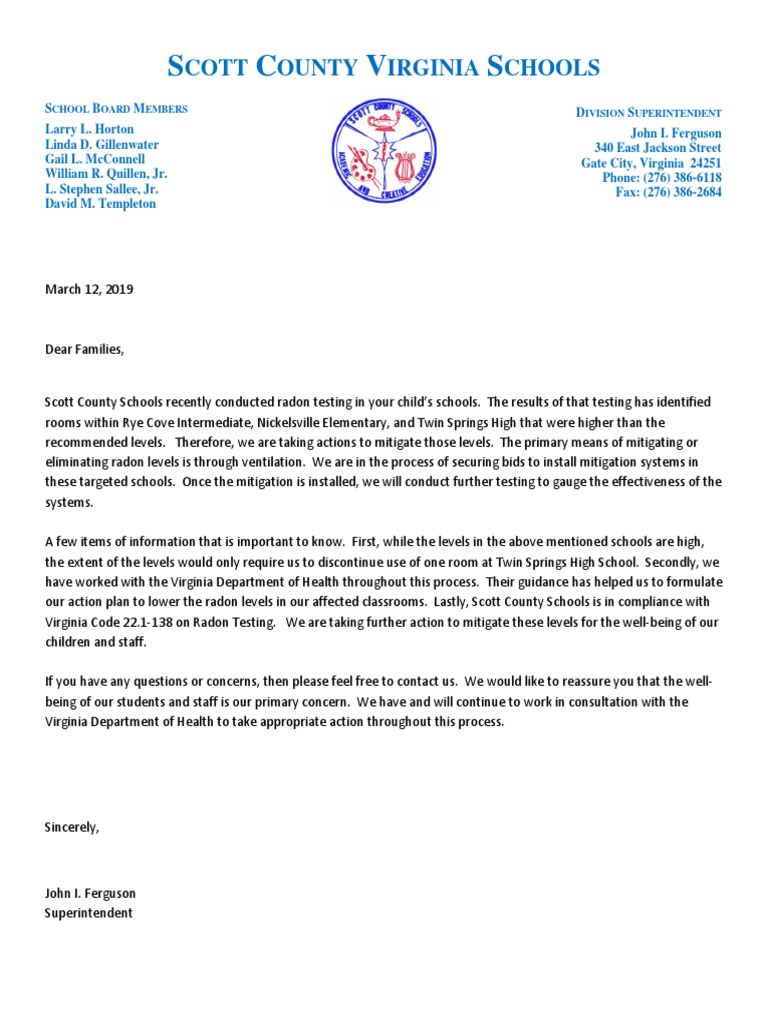 Scott County Schools Radon Letter | PDF