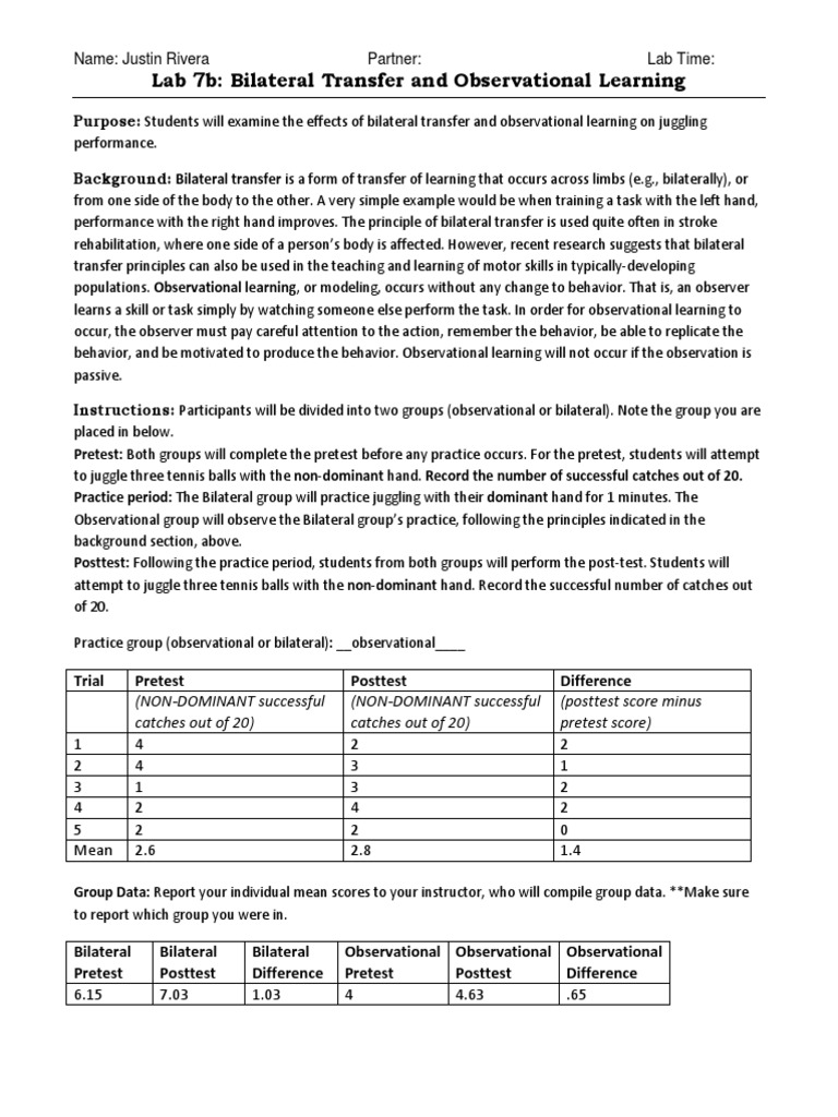 Lab 7b - Bilateral Transfer and Observational Learning | PDF | Learning ...