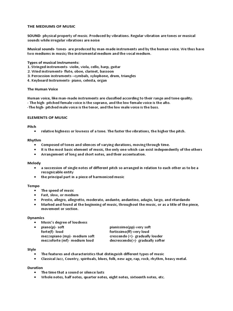 Mediums and Elements of Music | PDF | Tempo | Musical Instruments