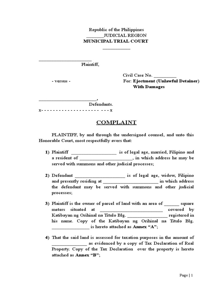 Complaint Ejectment Sample Form | Lawsuit | Damages