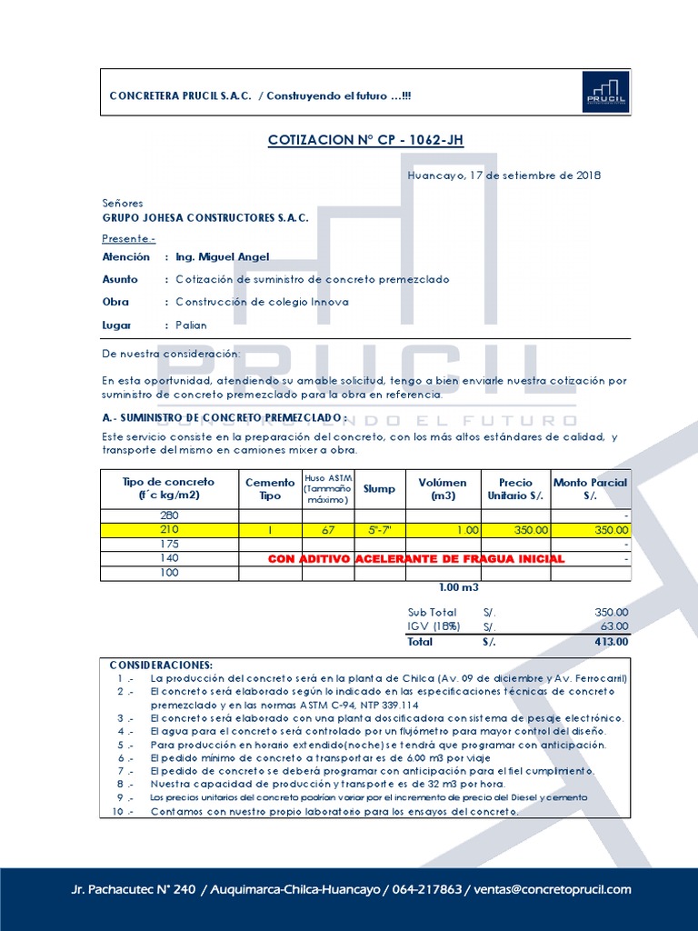 COTIZACION N°1062 - 17-09-2018 (210 Con Acelerante) | PDF | Hormigón ...