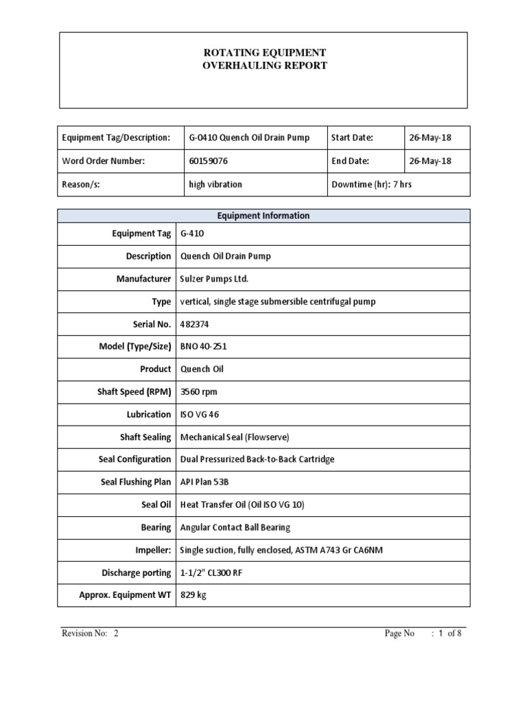 Rotating Equipment - Overhauling Report | PDF | Pump | Bearing (Mechanical)
