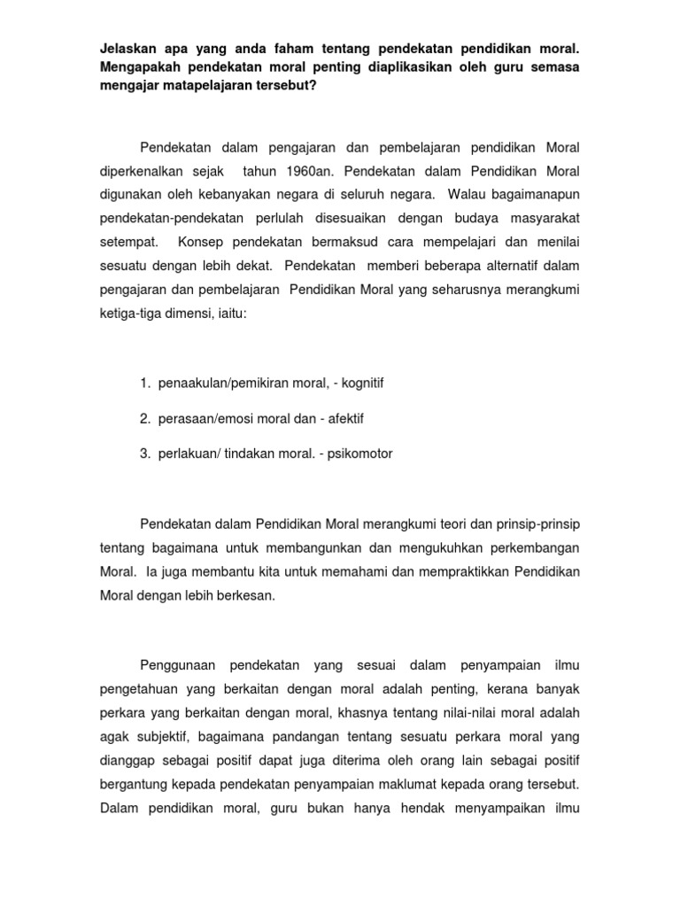 Jelaskan Apa Yang Anda Faham Tentang Pendekatan Pendidikan Moral | PDF | Karier & Perkembangan ...