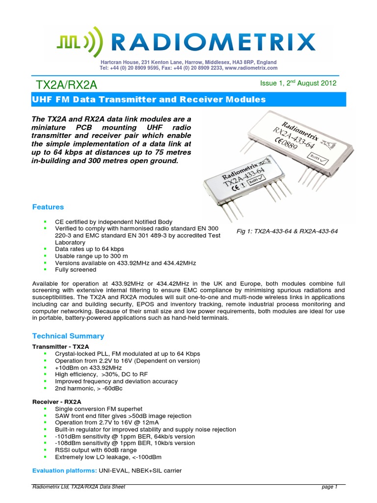 TX2A/RX2A: UHF FM Data Transmitter and Receiver Modules | PDF ...