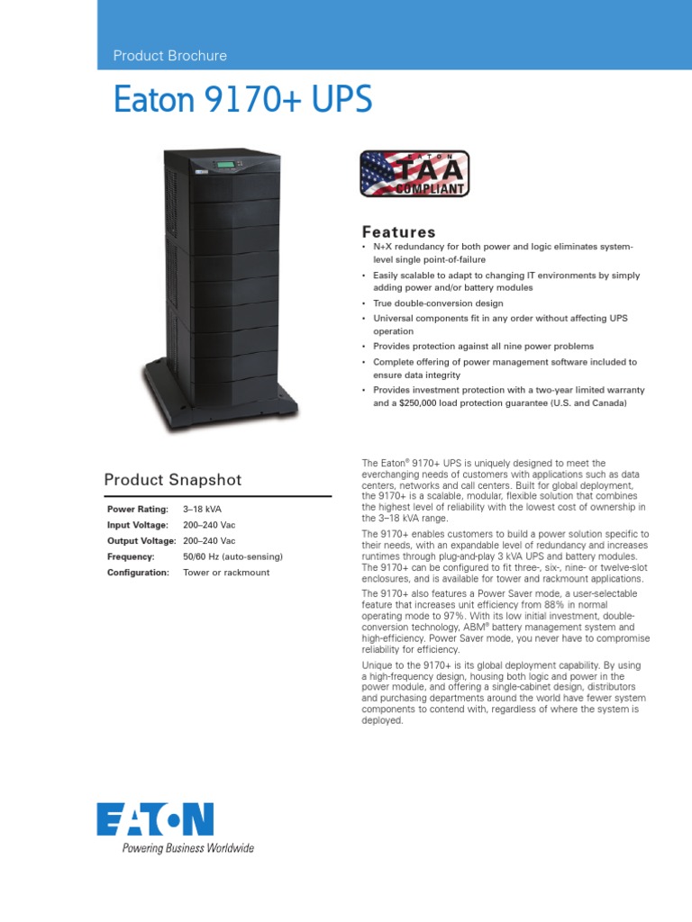 Eaton 9170+ UPS: Product Brochure | PDF | Battery Charger | Reliability ...