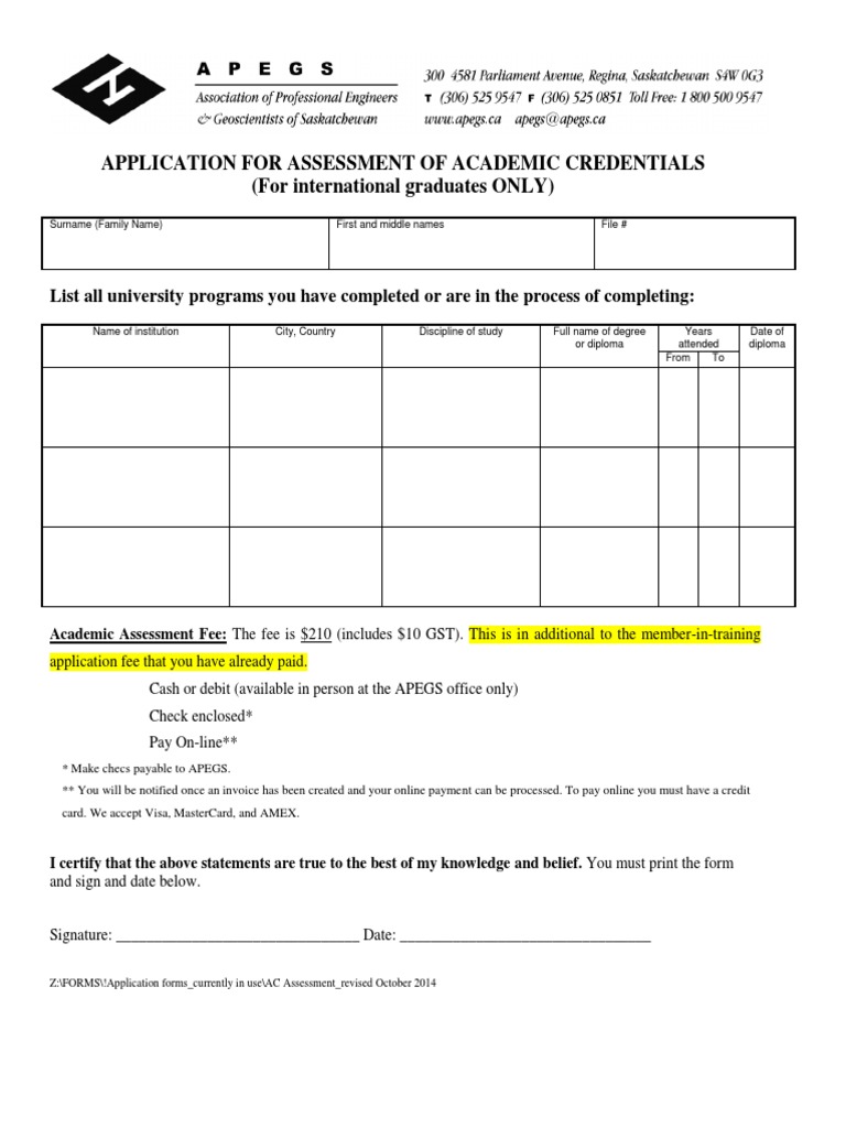 Academic Assessment Application - Fillable | PDF