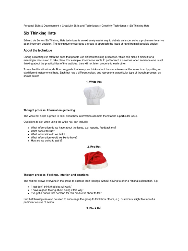 Six Thinking Hats PDF | PDF | Thought | Creativity