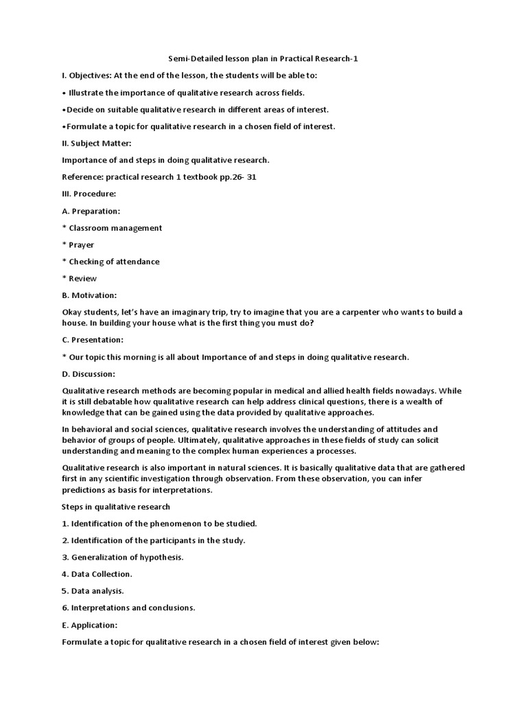 Practical Research 1 Lesson Plan | PDF | Qualitative Research ...