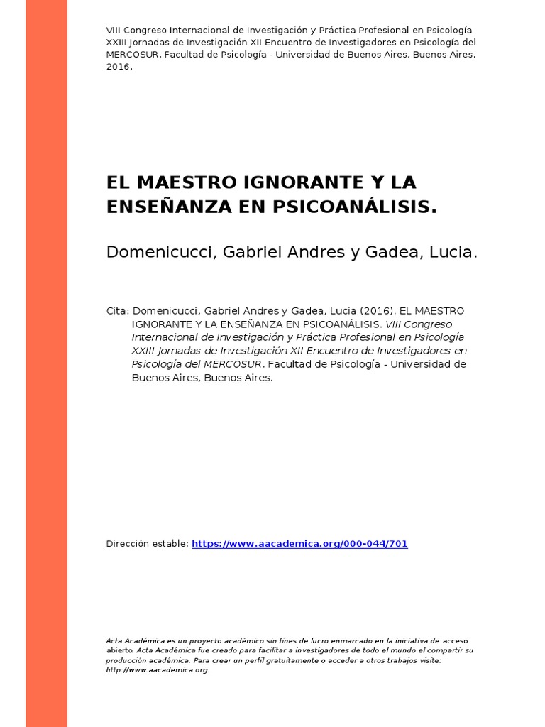 El Maestro Ignorante y La Enseñanza en Psicoanálisis | PDF | Jacques Lacan | Psicoanálisis