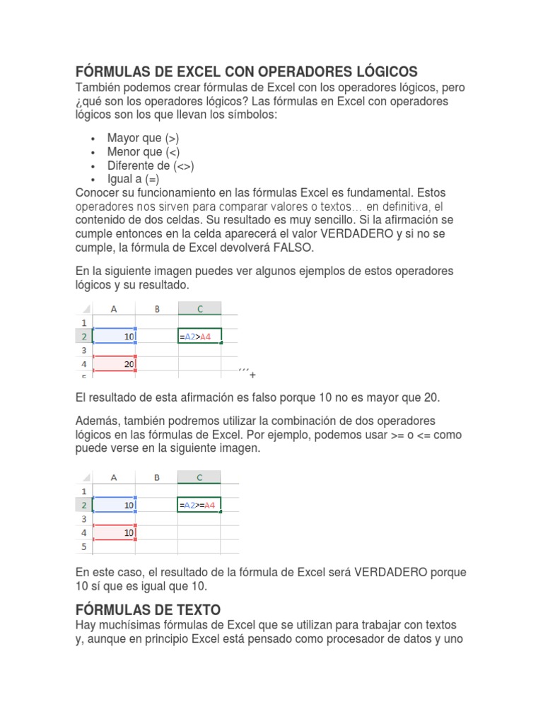 Fórmulas de Excel Con Operadores Lógicos | PDF | Fórmula | Microsoft Excel