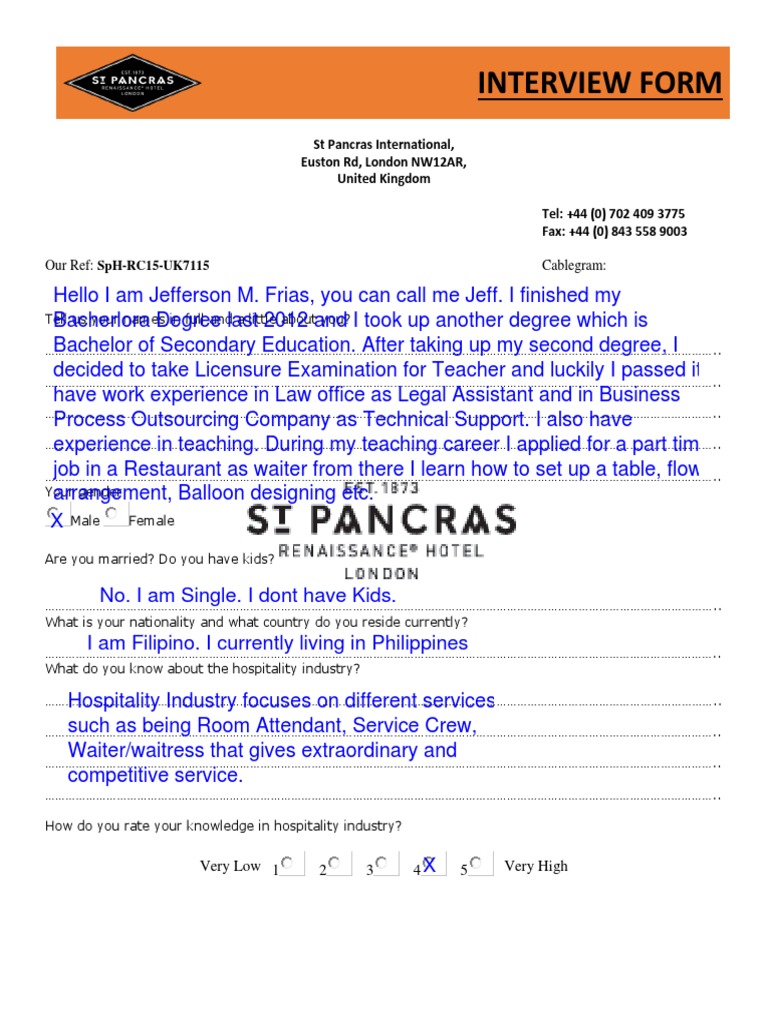 The St. Pancras Renaissance Interview Form | PDF | Employment
