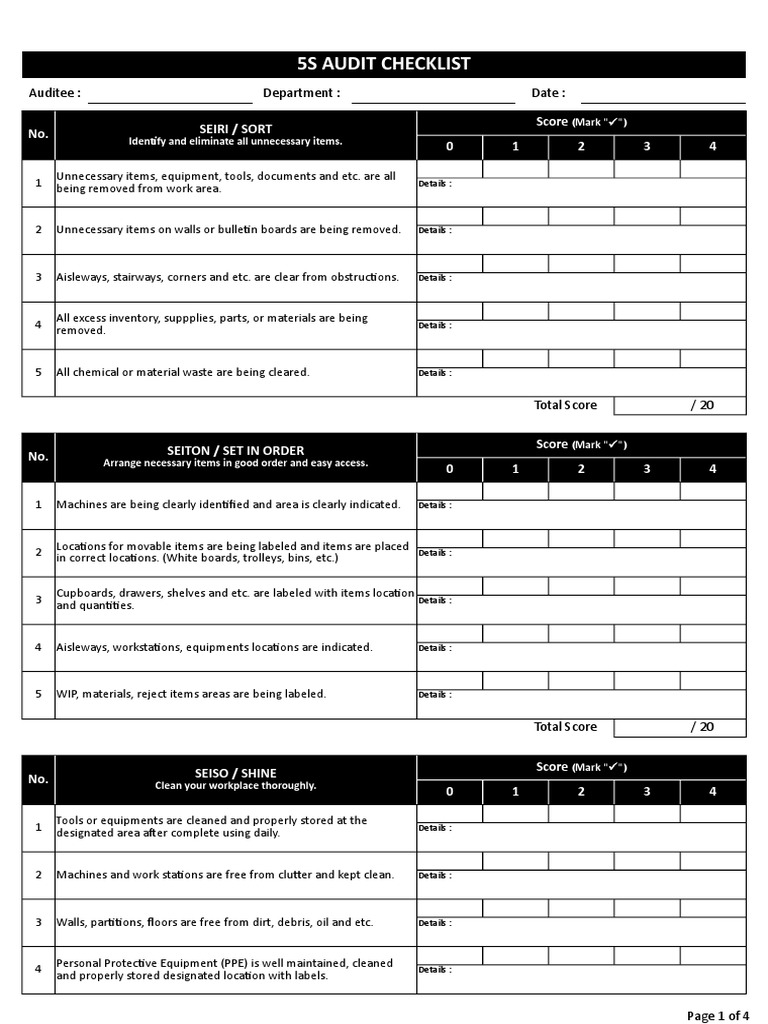 5S Audit Checklist: No. 0 1 2 3 4 Seiri / Sort Score | PDF | Business