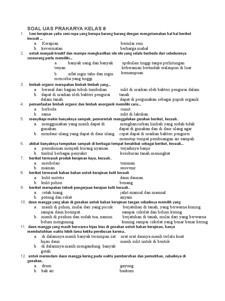 Contoh Soal Uas Prakarya Kelas 8 | PDF Contoh Soal Uas Prakarya Kelas 8 | PDF