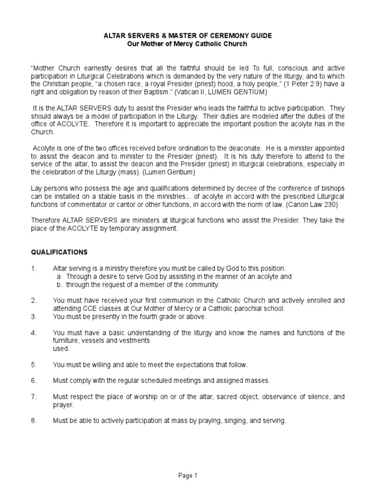 Altar Servers & Master of Ceremony Guide Our Mother of Mercy Catholic ...